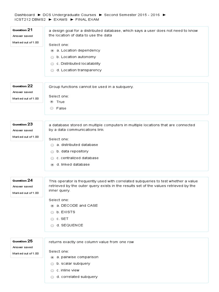 Answer Saved Marked Out of 1.00 | PDF | Sql | Databases