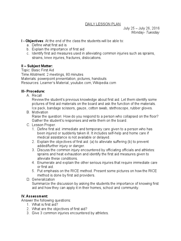 First Aid Basics for Grade 7 Students | PDF | Lesson Plan | First Aid