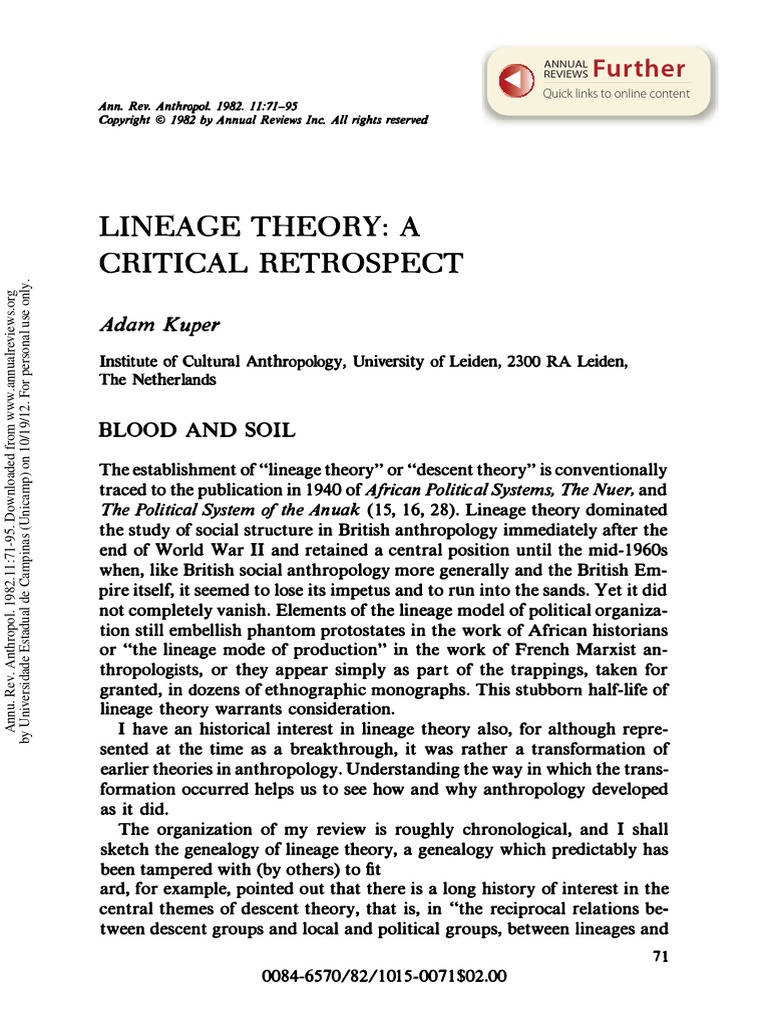Adam Kuper - Lineage Theory | PDF | Kinship | Family