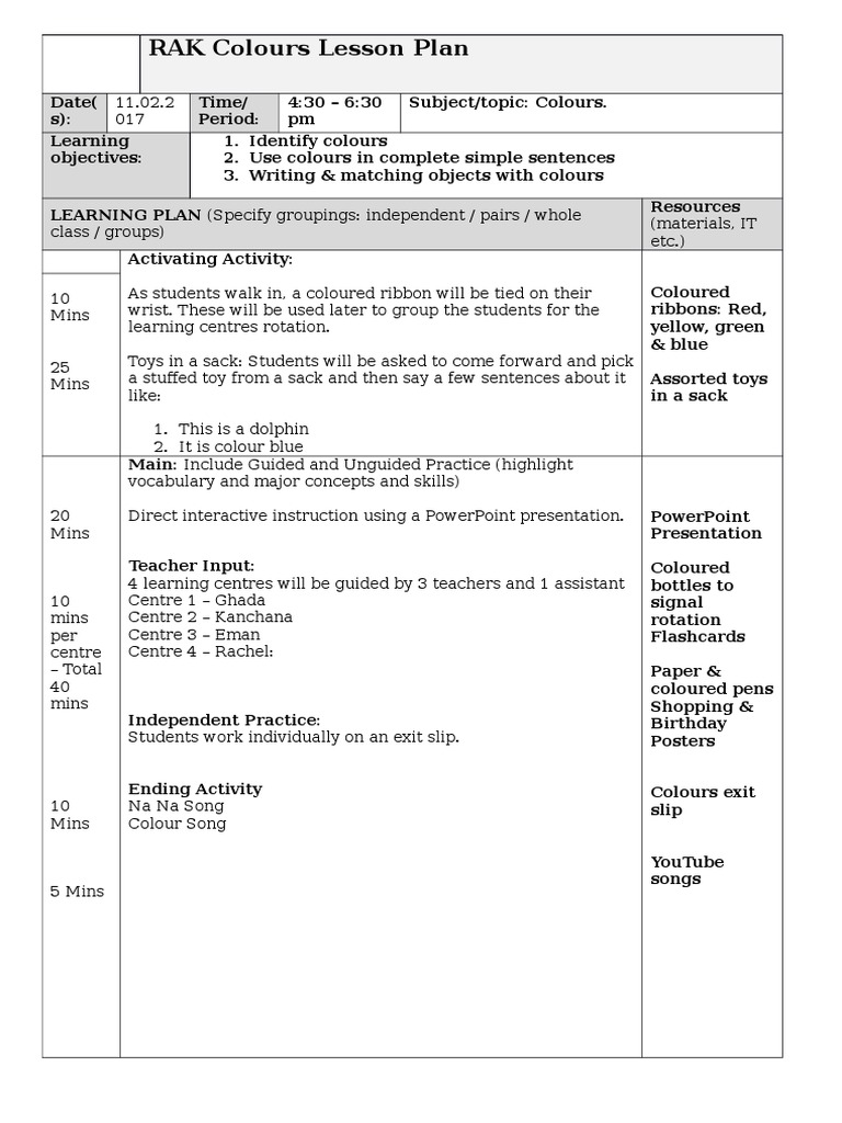 Engaging Colours Lesson Plan for Kids | PDF | Educational Assessment ...