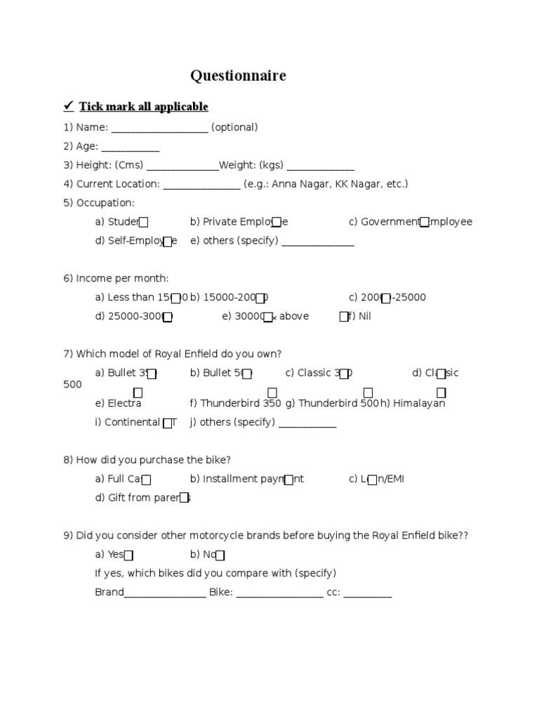 Questionnaire | PDF | Motorcycle | Reputation