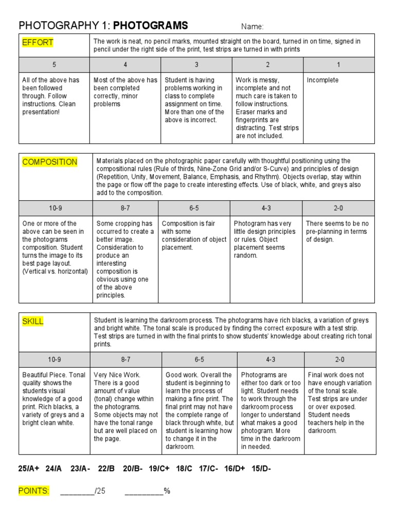 Photography 1 Photogramprojectrubric | PDF | Composition (Visual Arts ...