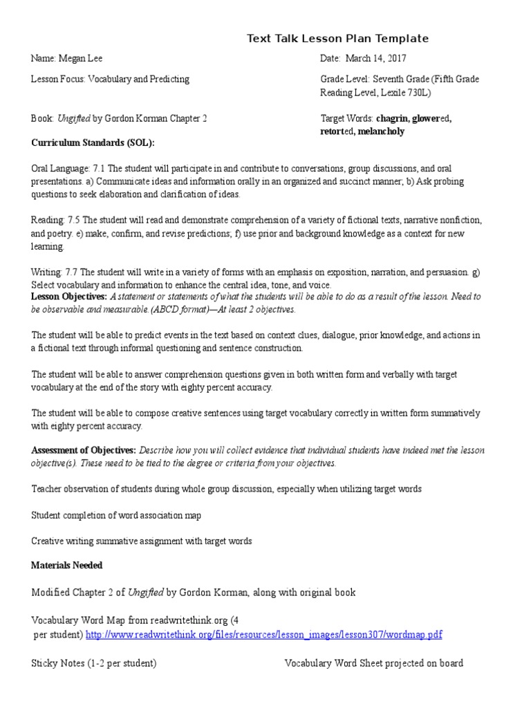 Text Talk Lesson Megan Lee | PDF | Reading Comprehension | Lesson Plan