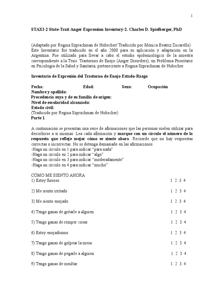 STAXI-2 State-Trait Anger Expression Inventory-2 | PDF | Bienestar ...