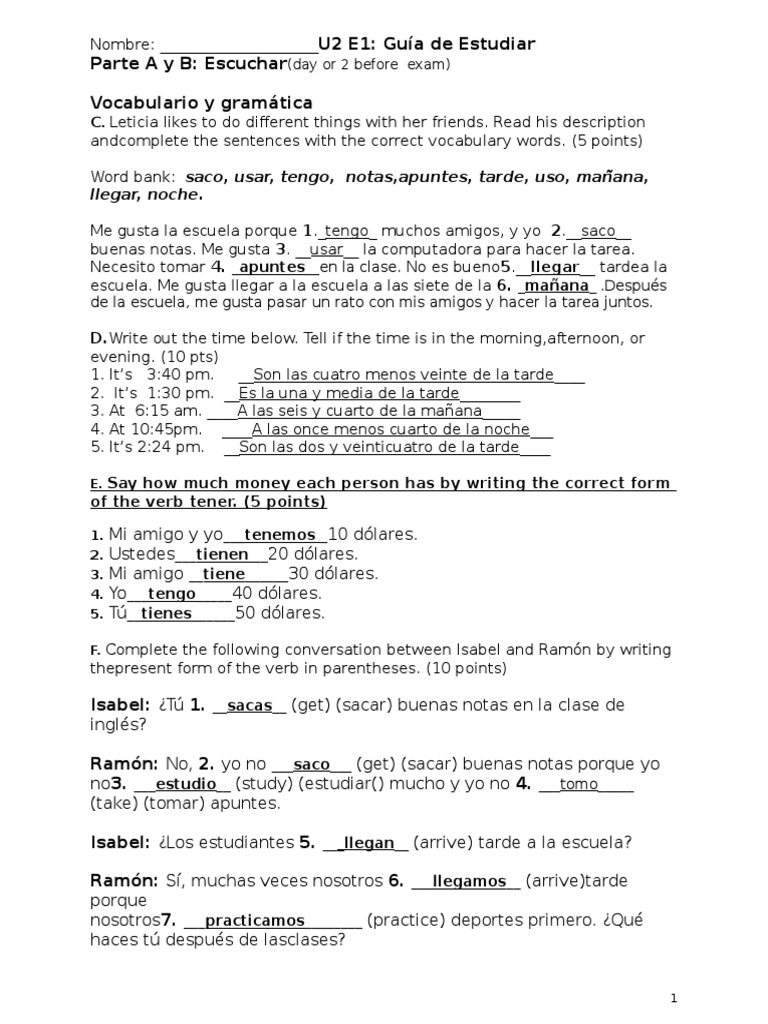 U2 E1 Exam Study Guide KEY | PDF | Idiomas