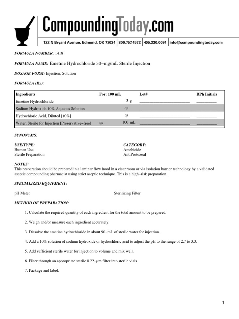 Emetine Hydrochloride 30-Mg ML Sterile Injection | PDF | Ph ...