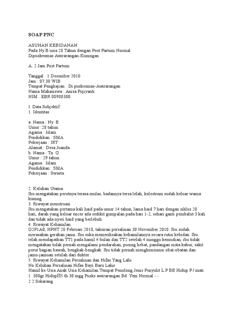Contoh SOAP PNC 2-6 Jam | PDF