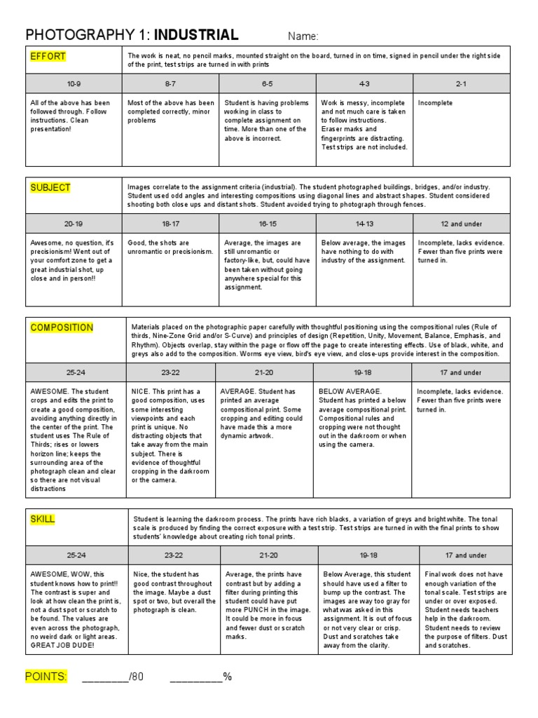 Photography 1 Industrialprojectrubric | PDF | Composition (Visual Arts) | Imaging