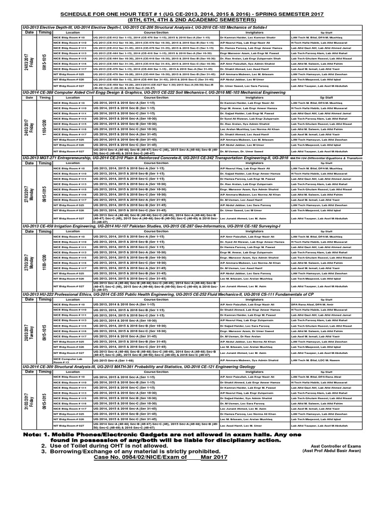 Date Sheet OHT-1 Spring Sem 2017 | PDF