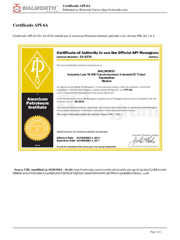 Walworth Valves - Certificado API-6a - 2014-10-20 | PDF | Business ...
