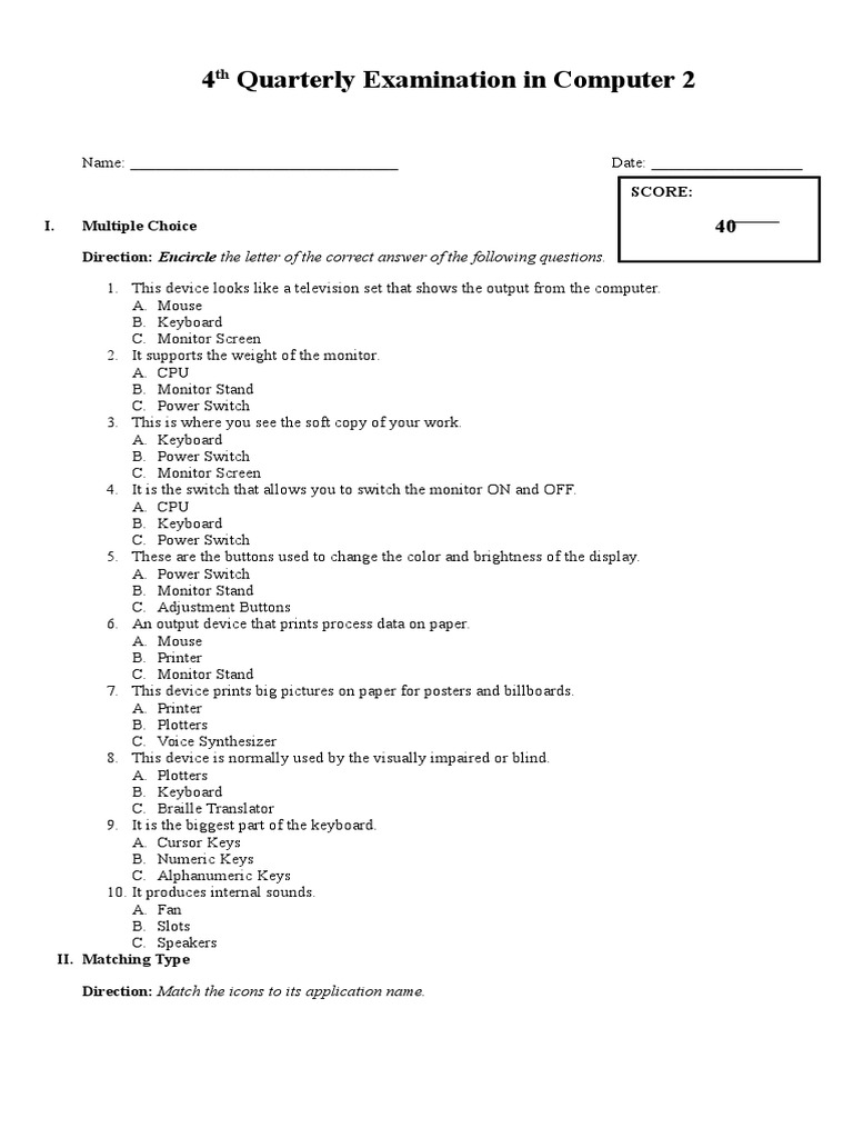 Computer Exam Questions | PDF | Computer Keyboard | Computer Monitor