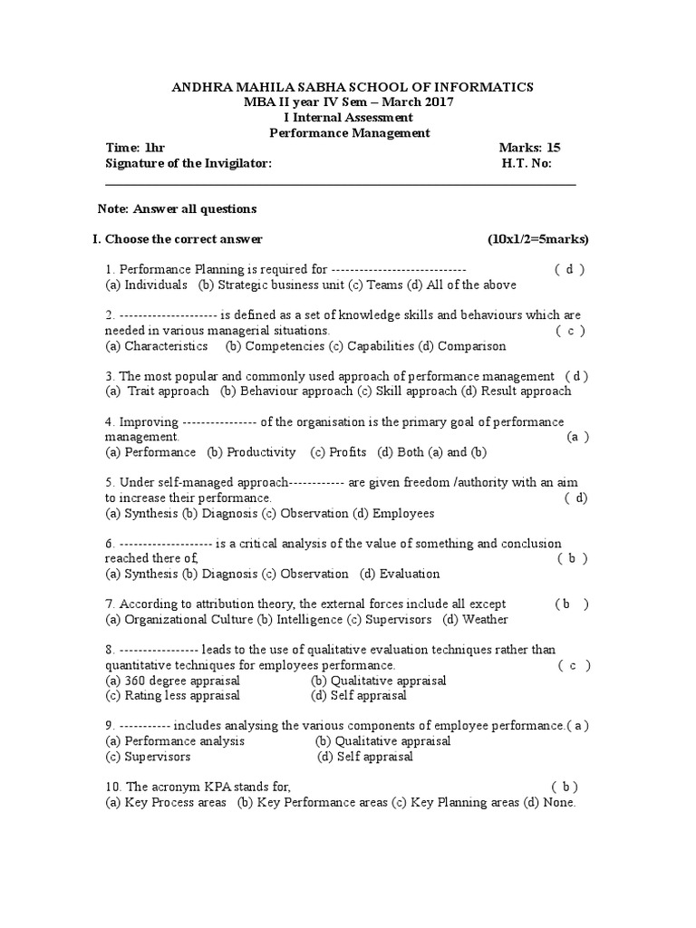 PM Question Paper | PDF | Performance Management | Performance Appraisal