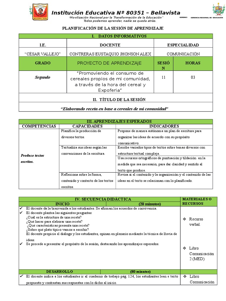 Sesión de Aprendizaje Elaboracion de Recetas | PDF | Maestros | Aprendizaje