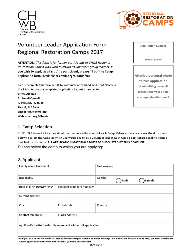Volunteer Leader Application Form Regional Restoration Camps 2017 ...