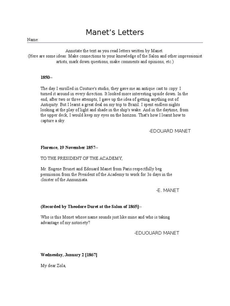 Manets Letters Worksheet | PDF | Édouard Manet | Claude Monet