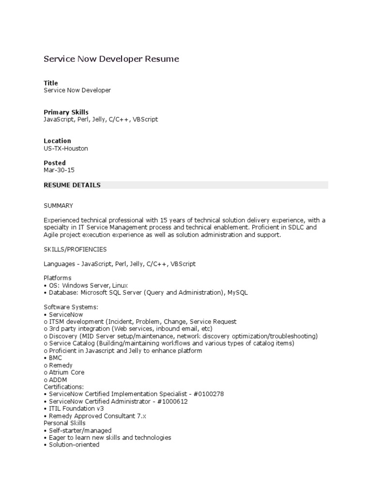 Service Now Developer Resume | PDF | It Service Management | Microsoft ...