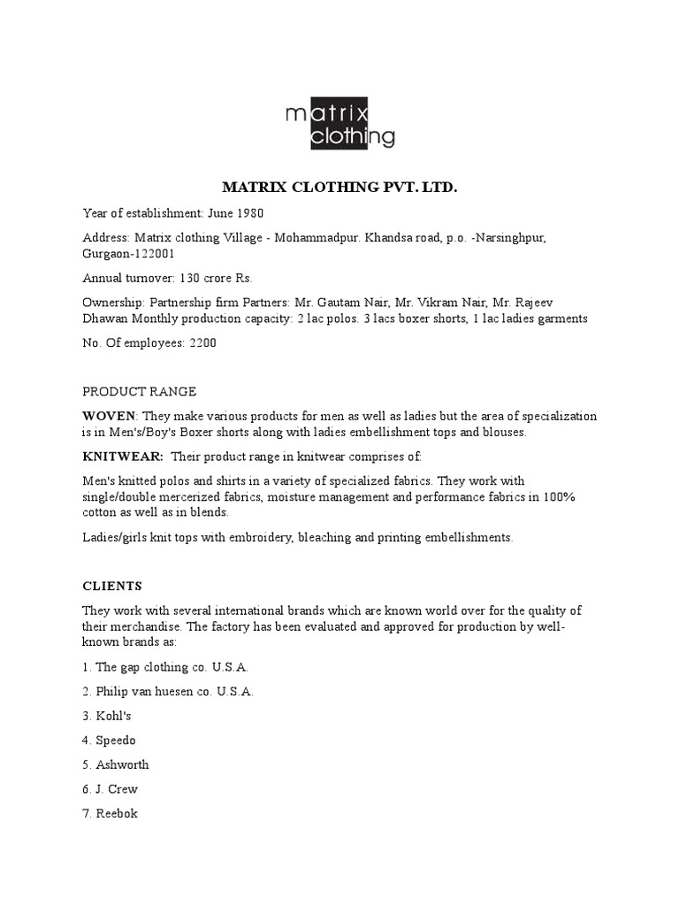 Matrix Clothing Pvt. Ltd.: India's Leading Knitwear Manufacturer | PDF ...