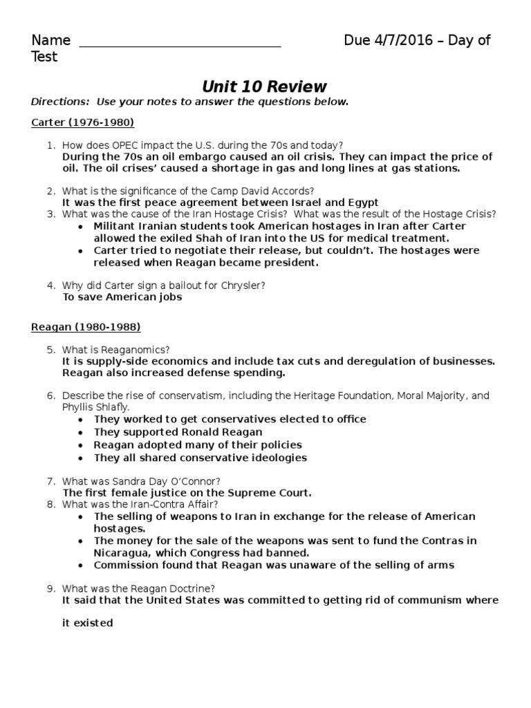 Unit 10 Review Answers | PDF | Ronald Reagan | Bill Clinton
