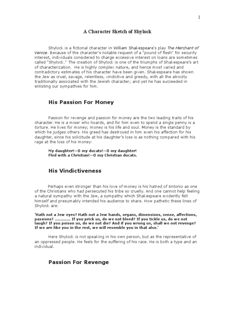 A Character Sketch of Shylock | PDF | Shylock