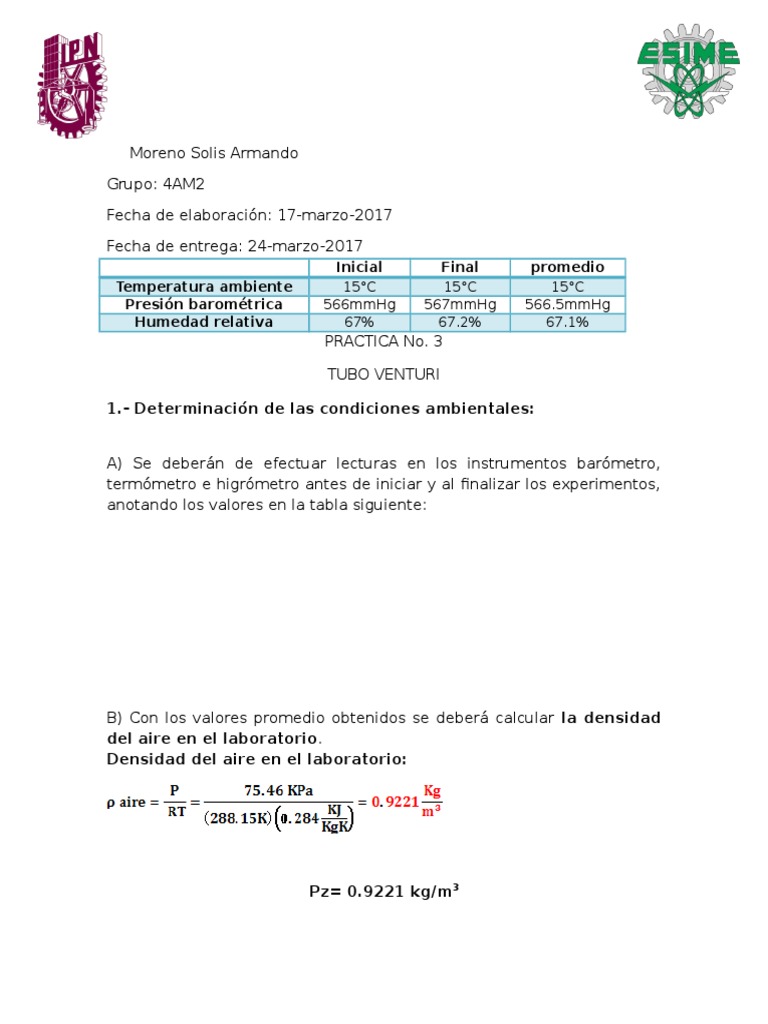 Practica 3 Tubo Venturi | PDF | Ecuaciones | Velocidad del viento