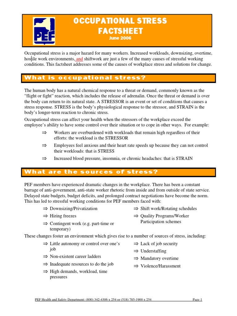 Occupational Stress Fact Sheet | PDF | Occupational Stress | Stress ...