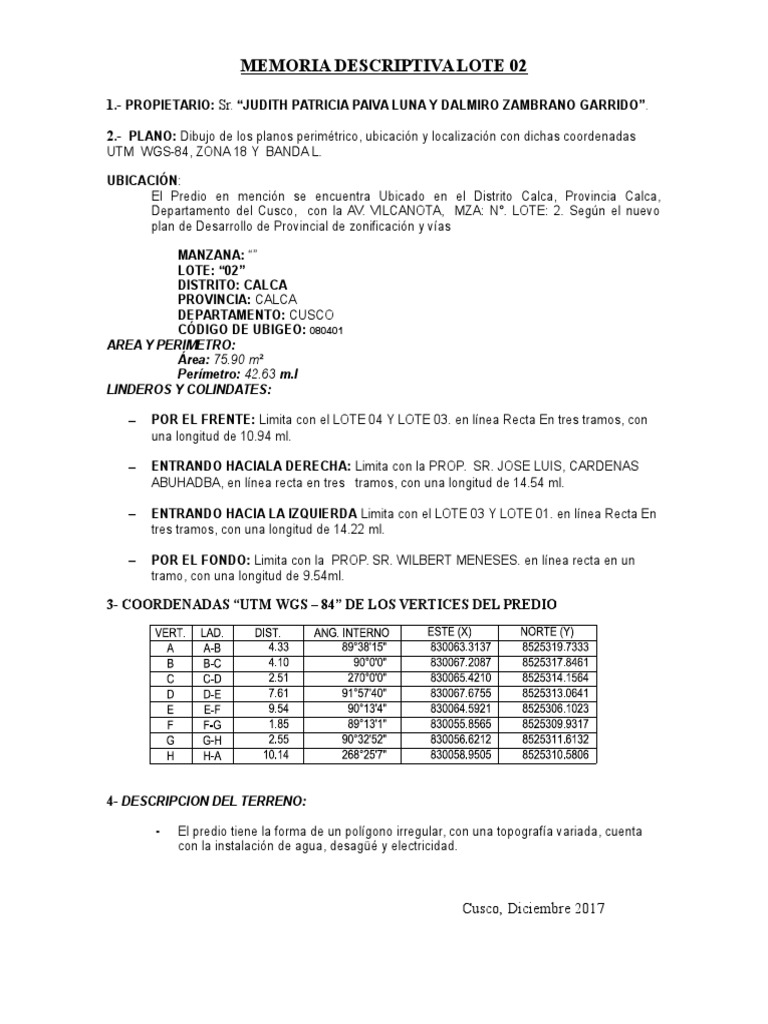 Memoria Descriptiva Lote - 02 | PDF