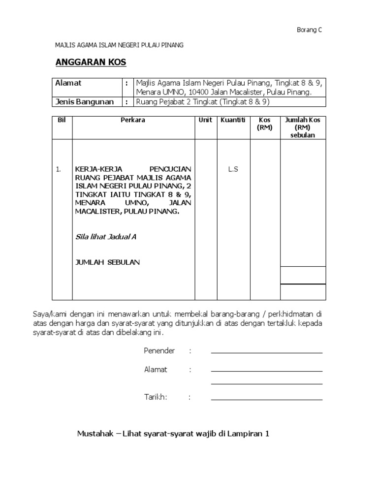 Tender - Borang & Skop Kerja Dan Jadual Pencucian Pejabat Mainpp | PDF
