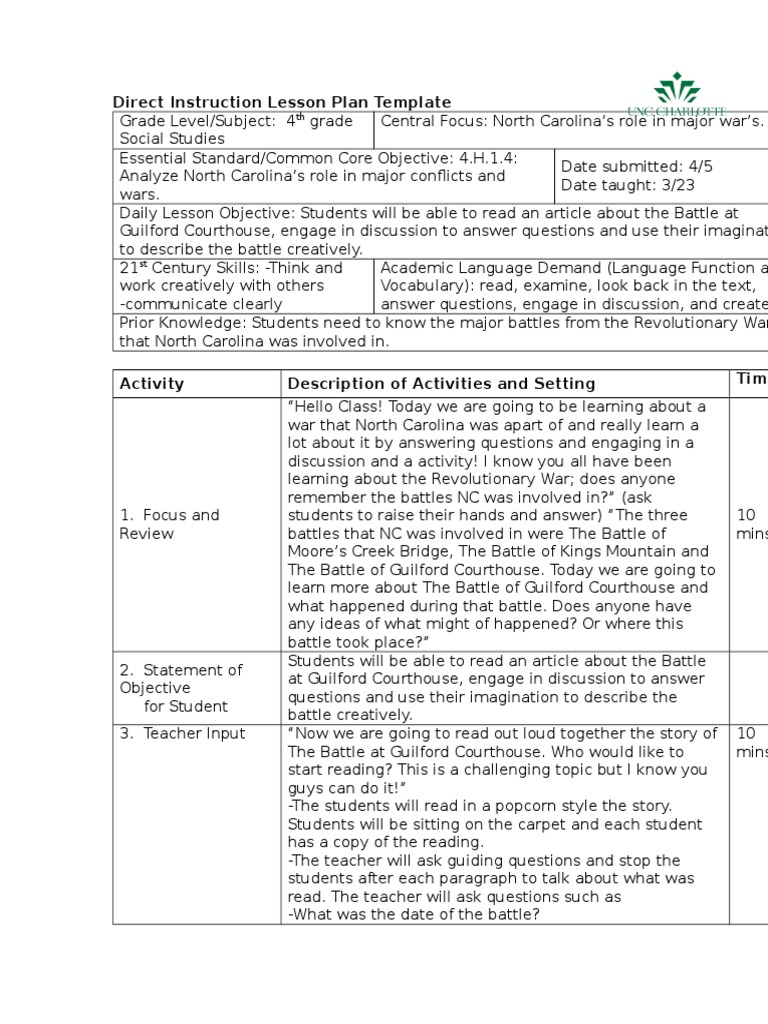 Direct Instruction Lesson Plan Template | PDF | Lesson Plan | Quality ...