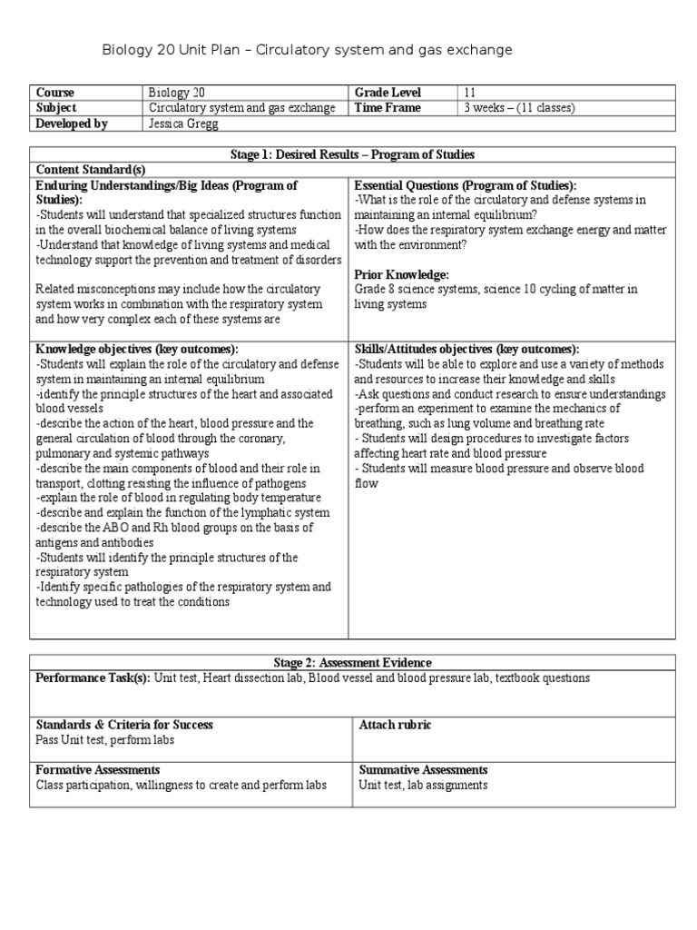 Biology 20 Unit Plan Circulation and Gas Exchange | PDF | Respiratory ...