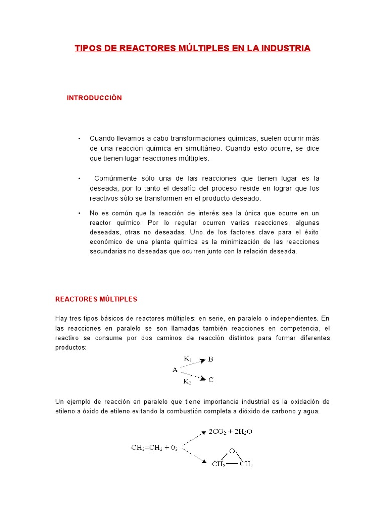 Tipos de Reactores Múltiples en La Industria Reacciones | PDF ...
