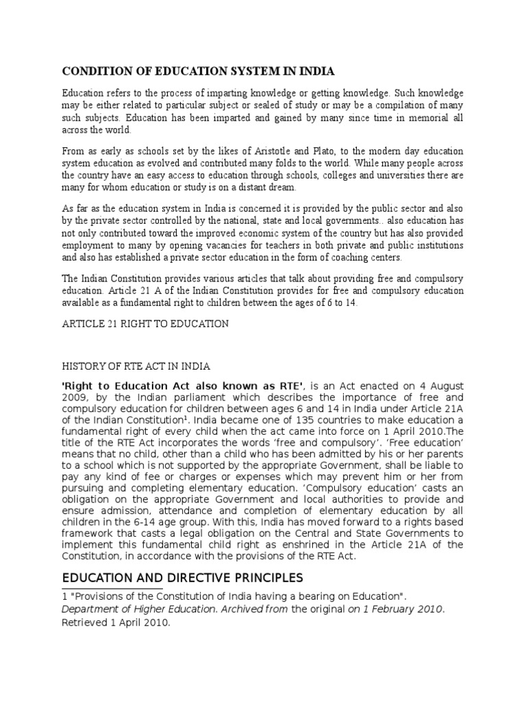 Condition of Education System in India: Education and Directive ...
