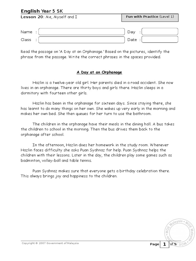 English Year 5 SK: Lesson 20 | PDF