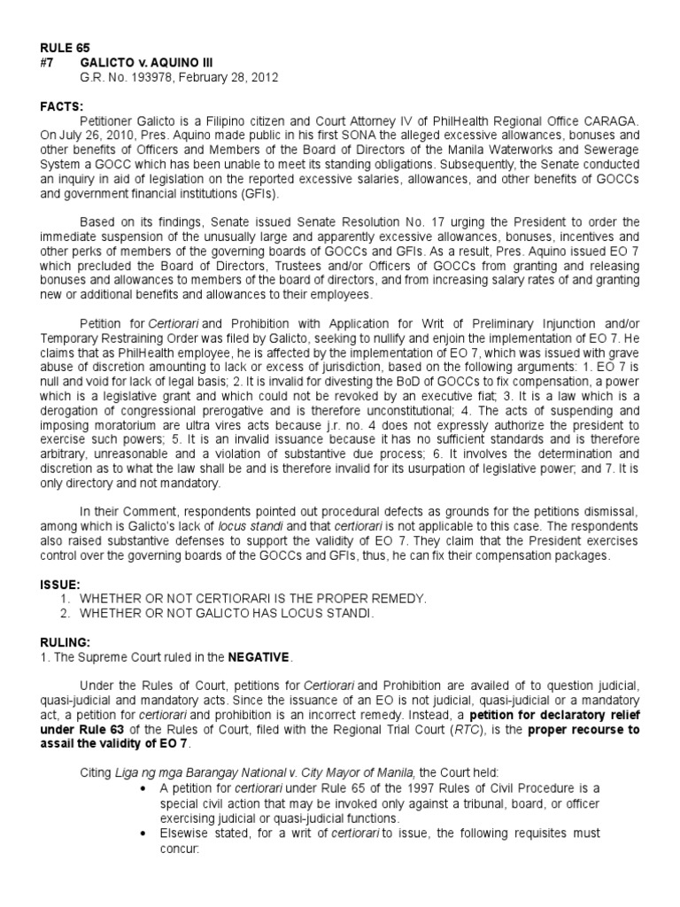 Specpro - Rule 65 (New) - 7. Galicto v. Aquino III | PDF | Standing (Law) | Certiorari