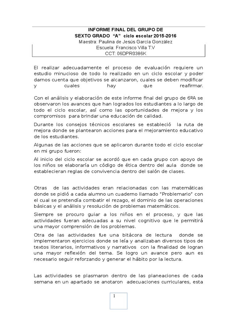 Informe Final Del Grupo de 6a | PDF | Lectura (proceso) | Enseñanza de matemática