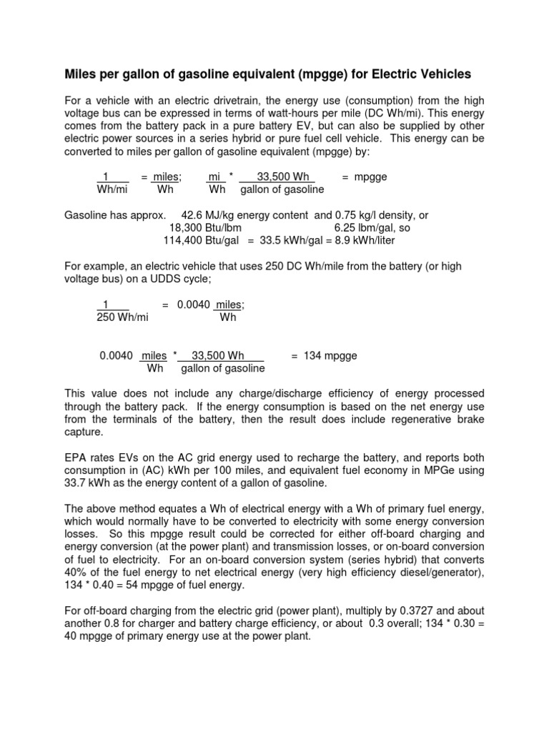 Miles Per Gallon of Gasoline Equivalent (Mpgge) For Electric Vehicles | PDF