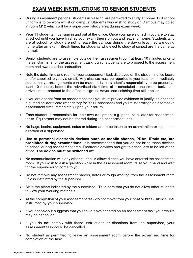 Examination Instructions To Senior Students | Download Free PDF | Test ...
