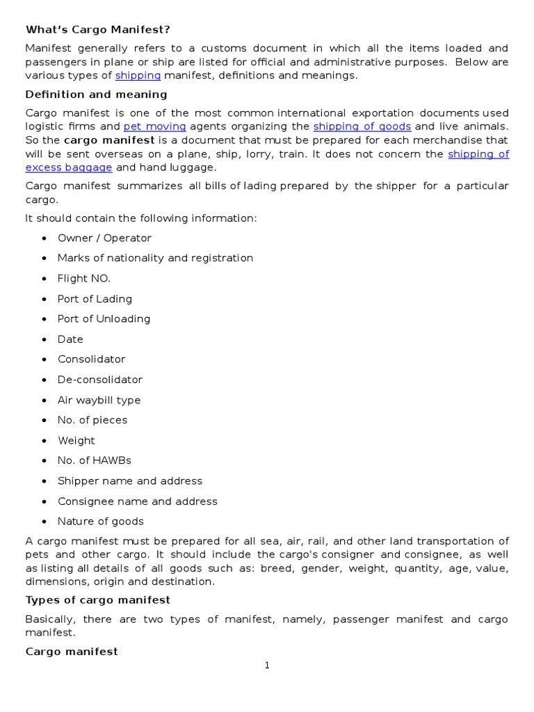 Cargo Manifest | Cargo | Freight Transport
