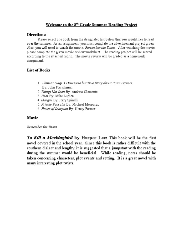 Welcome To The 8 Grade Summer Reading Project Directions:: To Kill A ...
