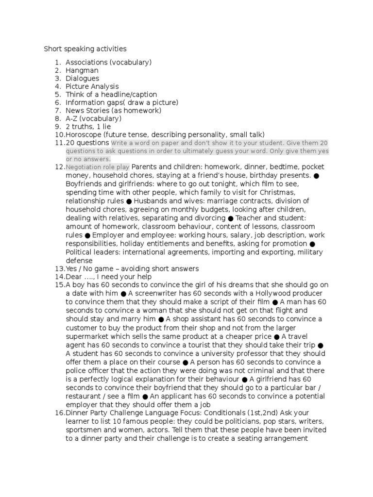 Short Speaking Activities | PDF | Career & Growth | Language Arts ...