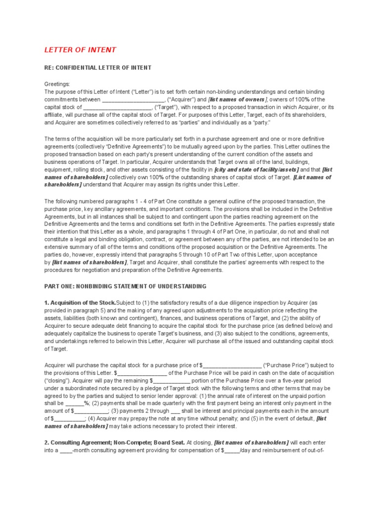 Sample Letter of Intent | Mergers And Acquisitions | Due Diligence