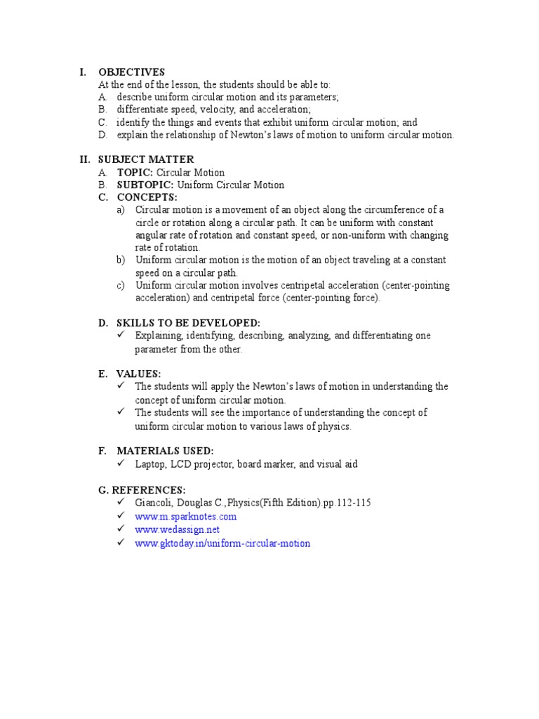 Uniform Circular Motion Lesson Plan | PDF | Acceleration | Velocity