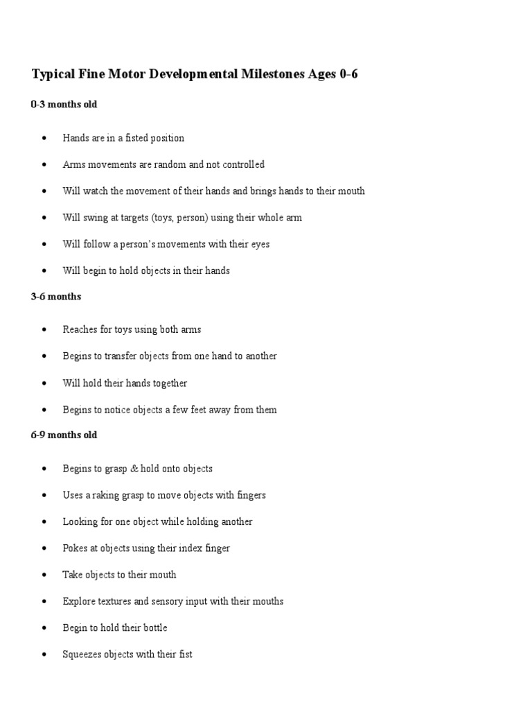 Typical Fine Motor Developmental Milestones Ages 0 | PDF | Infants | Toys