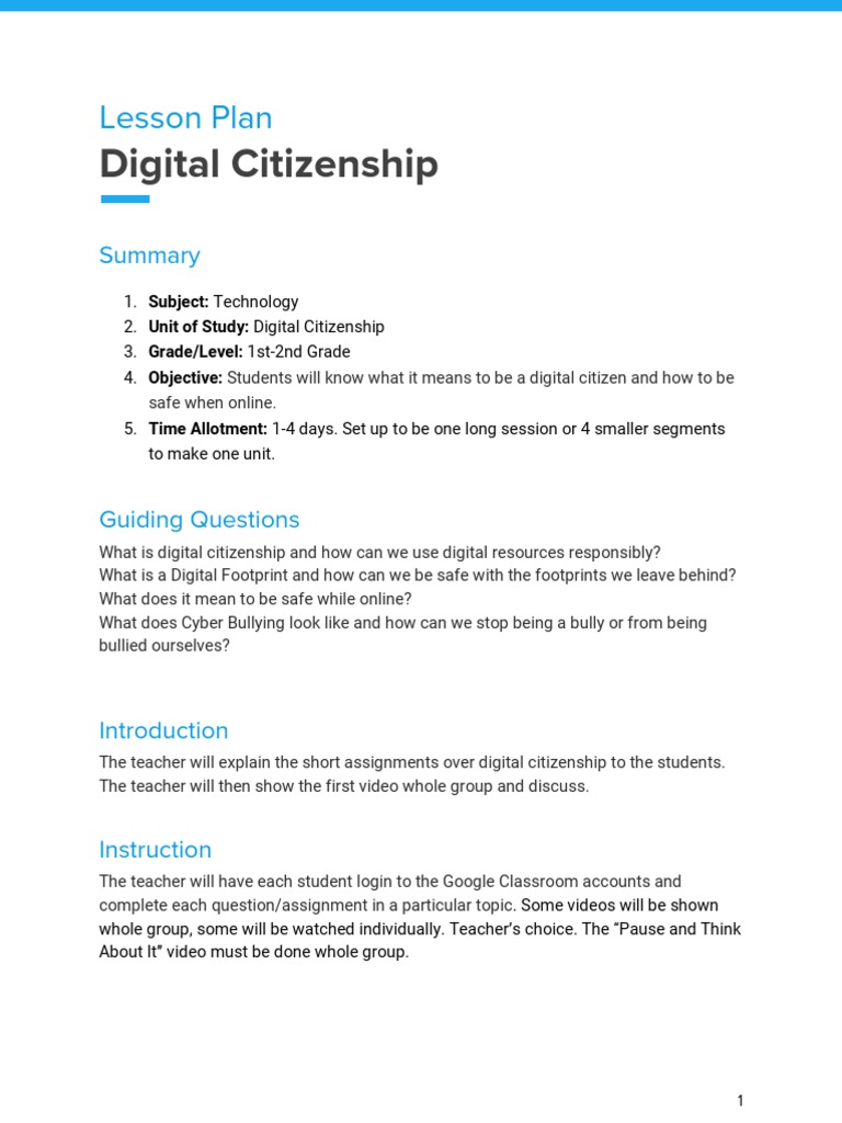Digital Citizenship: Lesson Plan | PDF | Pedagogy | Educational Psychology