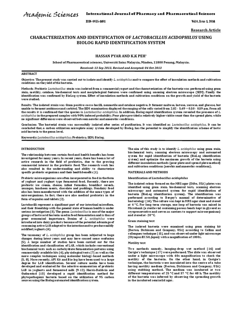 Characterization and Identification of Lactobacillus Acidophilus Using ...