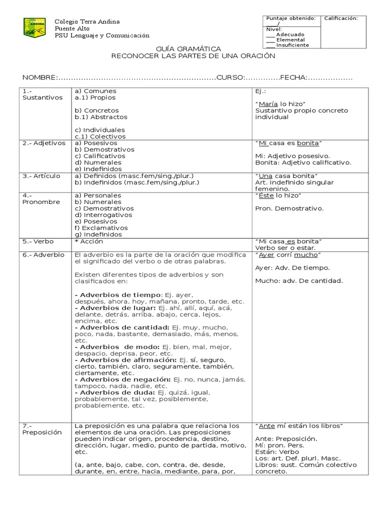 Guía Ejercicios Reconocer Partes de La Oración | PDF | Adjetivo | Adverbio