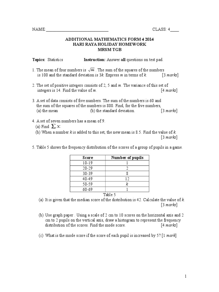 Additional Mathematics Form 4 2014 Hari Raya Holiday Homework MRSM TGB ...