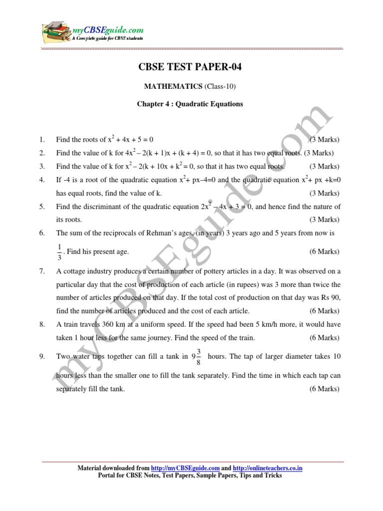 Cbse Test Paper-04: MATHEMATICS (Class-10) Chapter 4: Quadratic ...