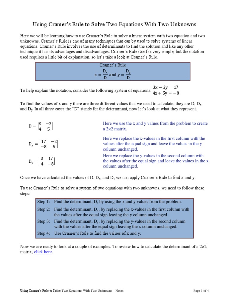 Cramers Rule 2 by 2 Notes | PDF | Determinant | Matrix Theory