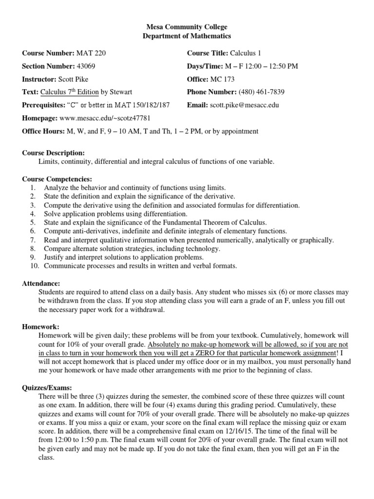 Mat220 Syllabus Schedule | Download Free PDF | Derivative | Calculus