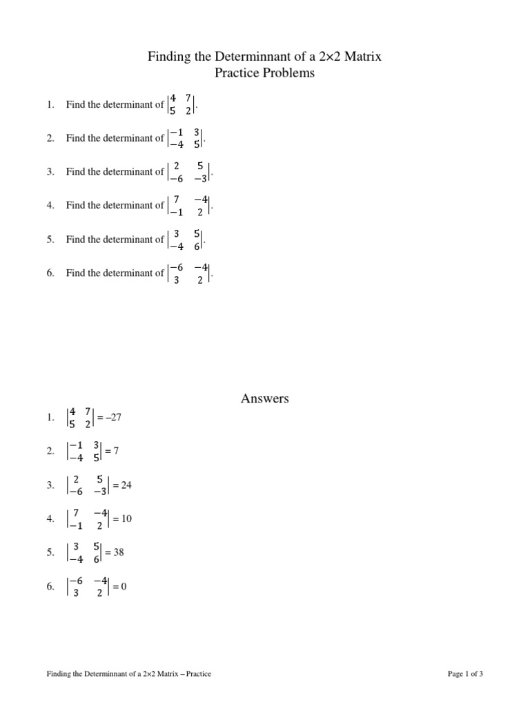 2x2 Matrix Determinant Practice | PDF | Determinant | Linear Algebra